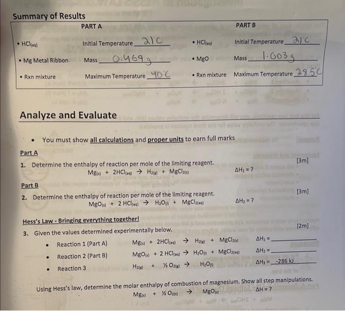 Solved Part B Mg( (i) +2HCl(a) →H2(0)+MgCl2(0) ΔH1= ? 2. | Chegg.com