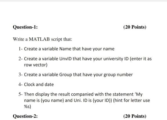 Solved Question 1 20 Points Write A Matlab Script That 4345