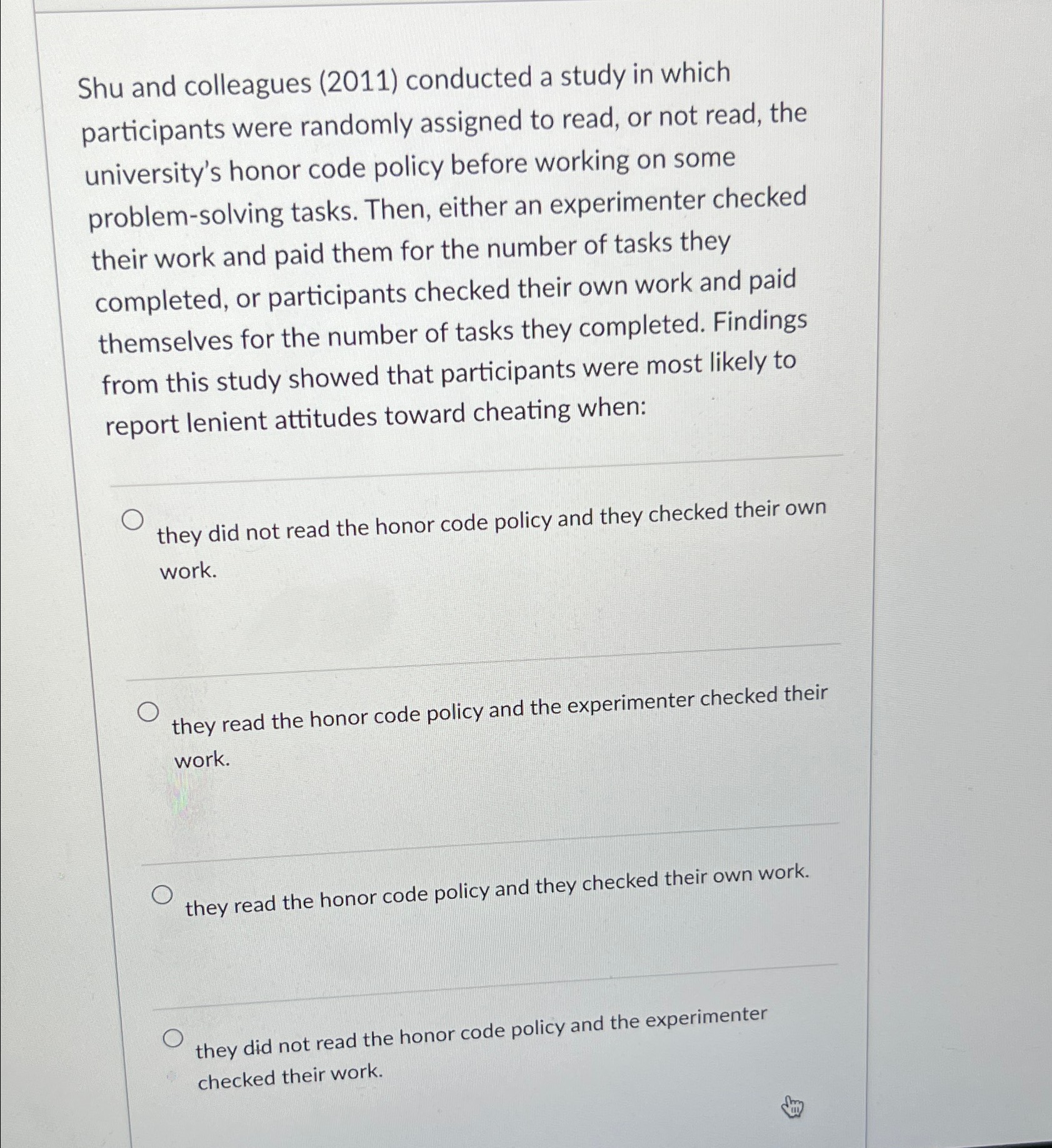 Solved Shu and colleagues (2011) ﻿conducted a study in which | Chegg.com