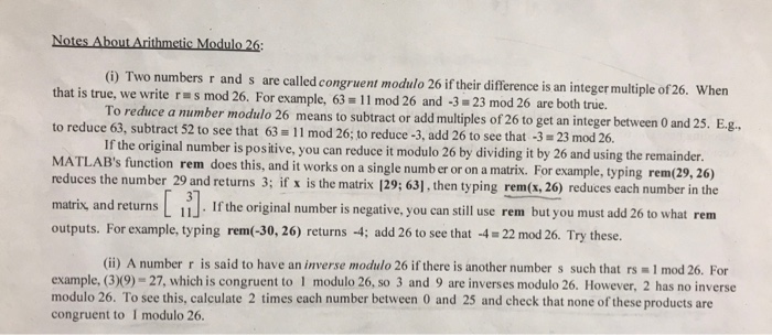 Solved Notes About Arithmetic Modulo 26: (i) Two numbers r | Chegg.com