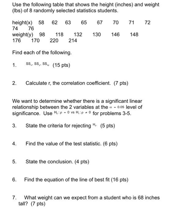 Solved Use the following table that shows the height | Chegg.com