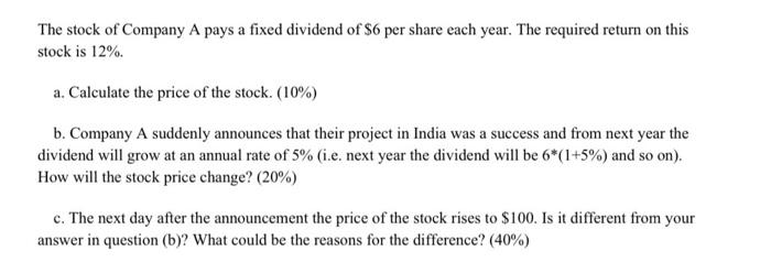 Solved The stock of Company A pays a fixed dividend of $6 | Chegg.com