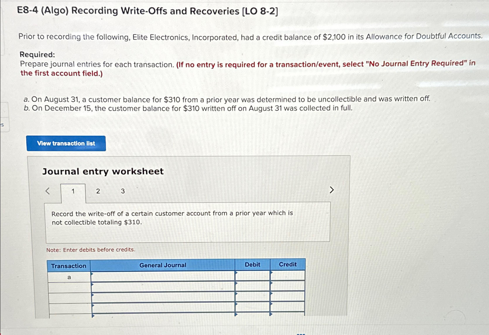 Solved E8-4 (Algo) ﻿Recording Write-Offs and Recoveries [LO | Chegg.com