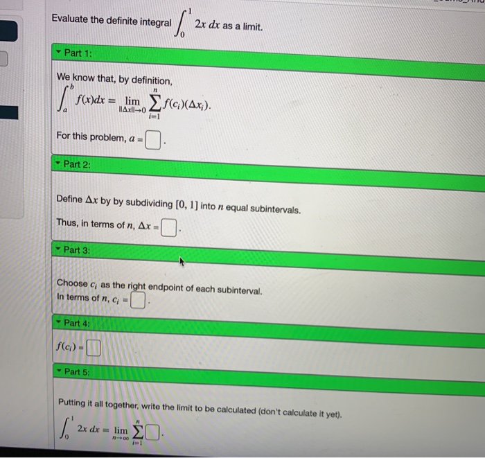 Solved Evaluate the definite integral Vo 2x dx as a limit. | Chegg.com