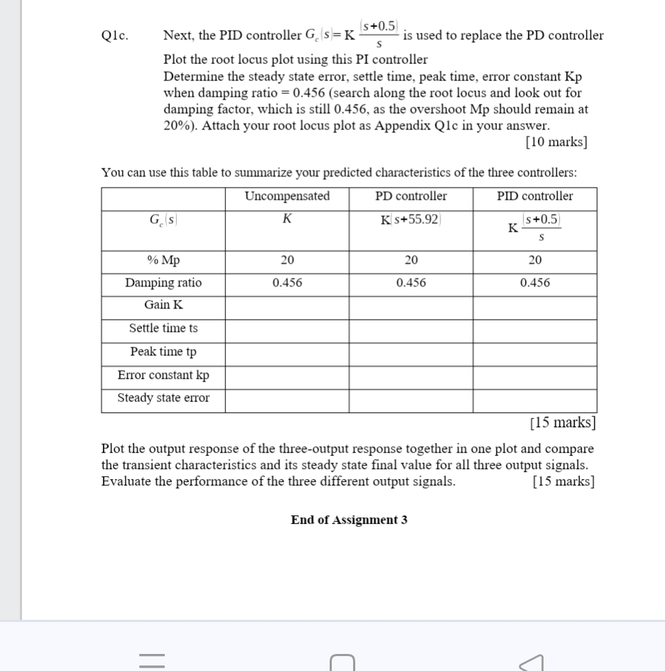 Q1c. ﻿Next, the PID controller Gc(s)=K(s+0.5)s ﻿is | Chegg.com
