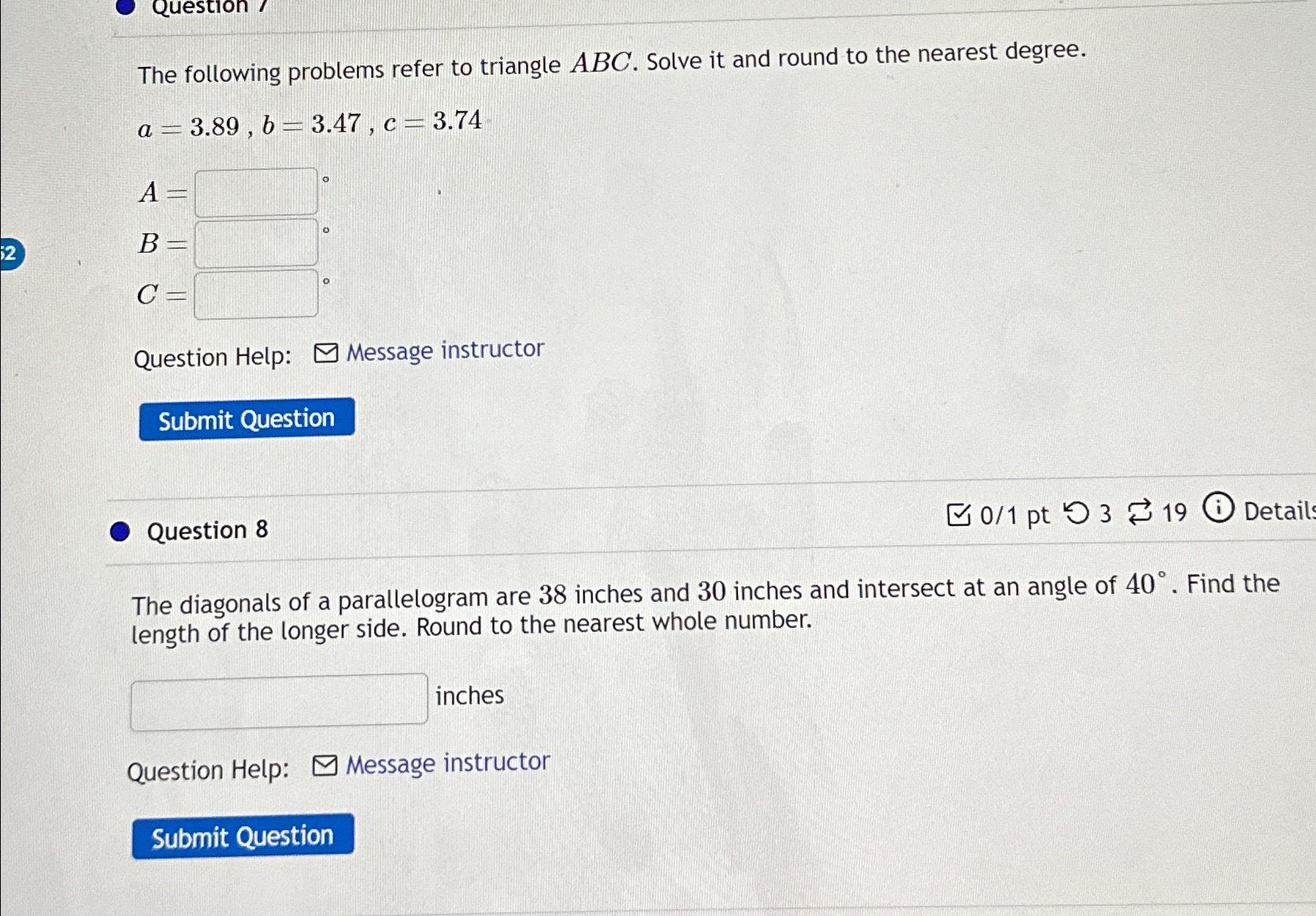 Solved The following problems refer to triangle ABC. Solve | Chegg.com
