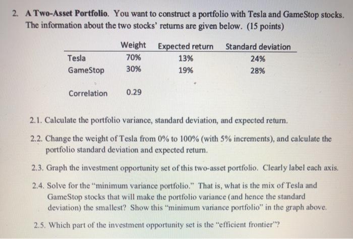 Solved 2. A Two-Asset Portfolio. You want to construct a | Chegg.com