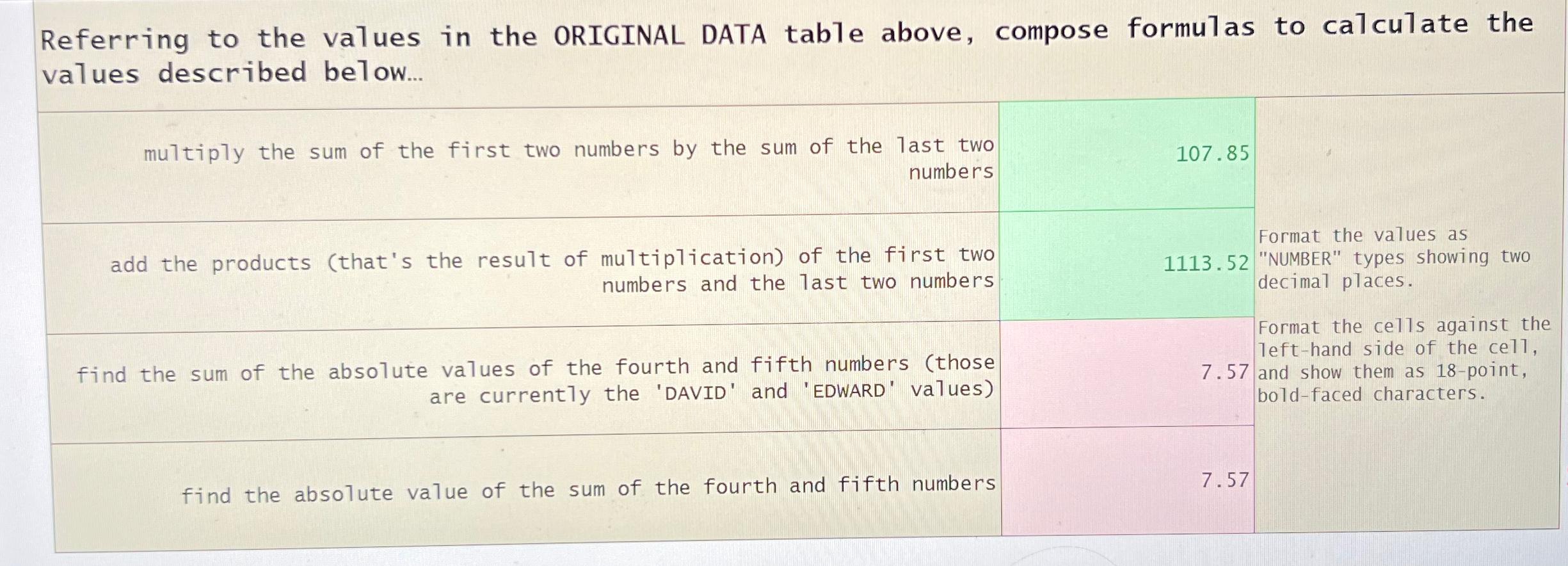 Referring to the values in the ORIGINAL DATA table | Chegg.com