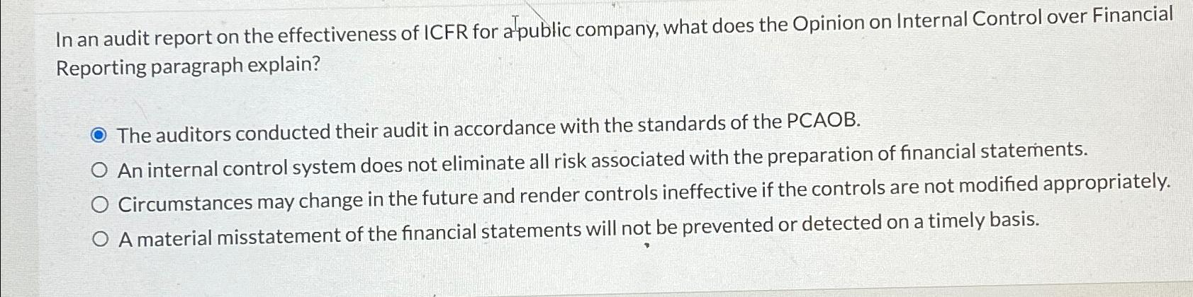 Solved In an audit report on the effectiveness of ICFR for a | Chegg.com