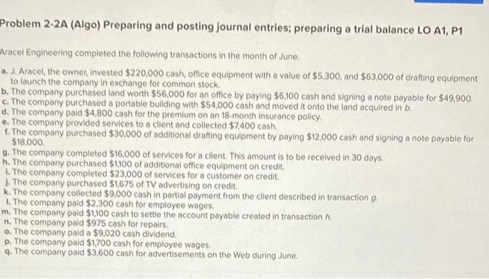 Solved Problem 2-2A (Algo) Preparing and posting Journal | Chegg.com