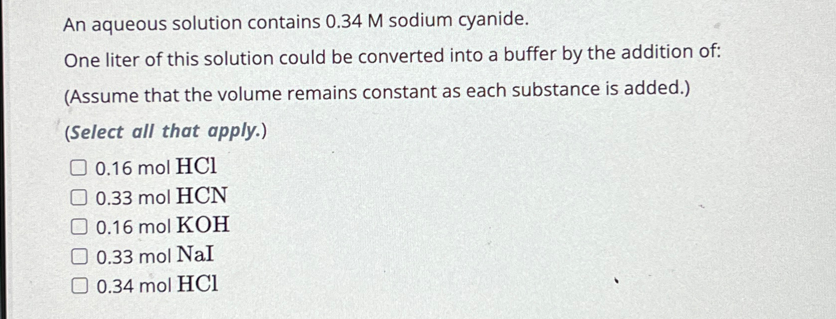 Solved An aqueous solution contains 0.34M ﻿sodium | Chegg.com