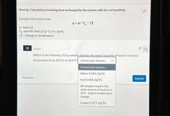 Solved Heat (q). Calculations involving heat exchanged by | Chegg.com