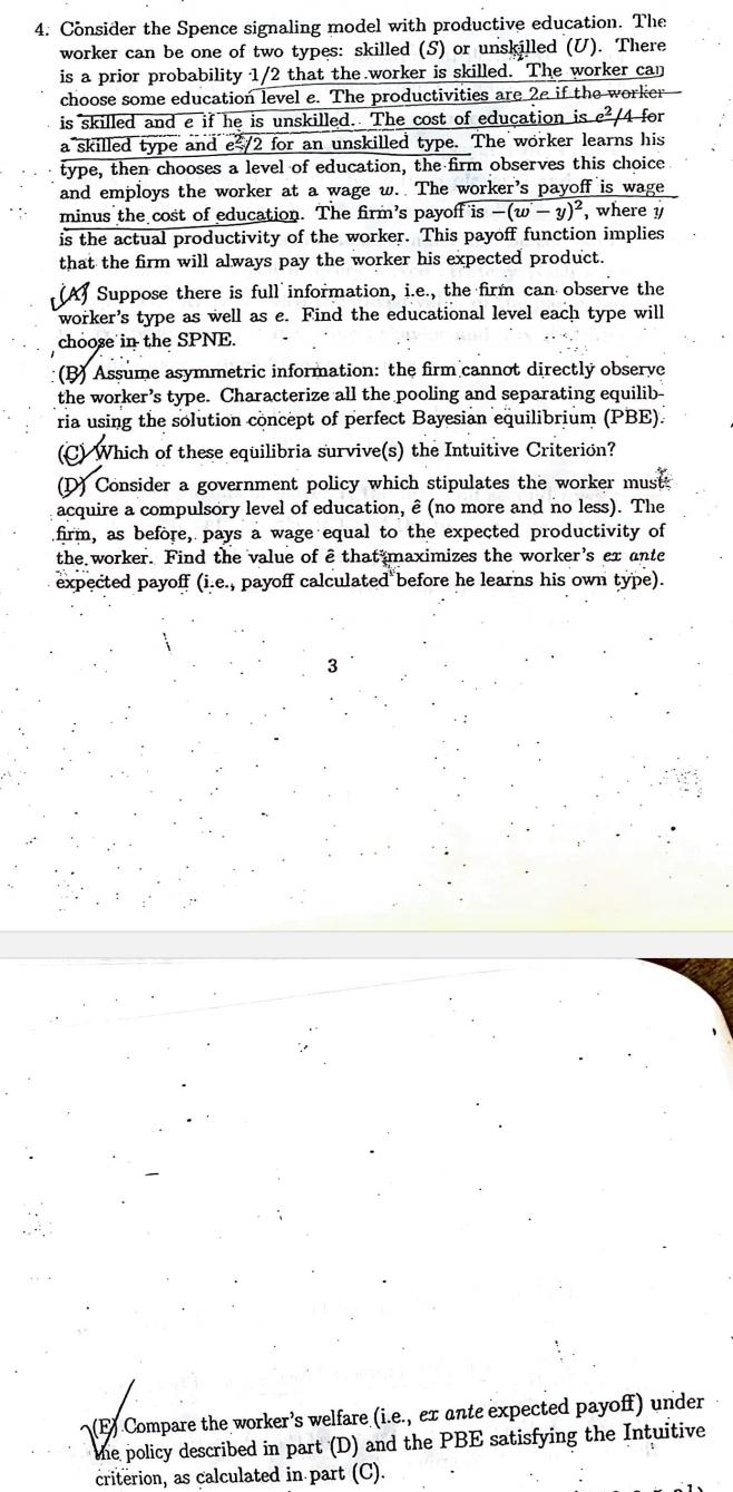 Solved Consider the Spence signaling model with productive | Chegg.com