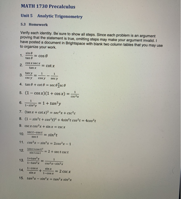 Solved MATH 1730 Precalculus Unit 5 Analytic Trigonometry | Chegg.com