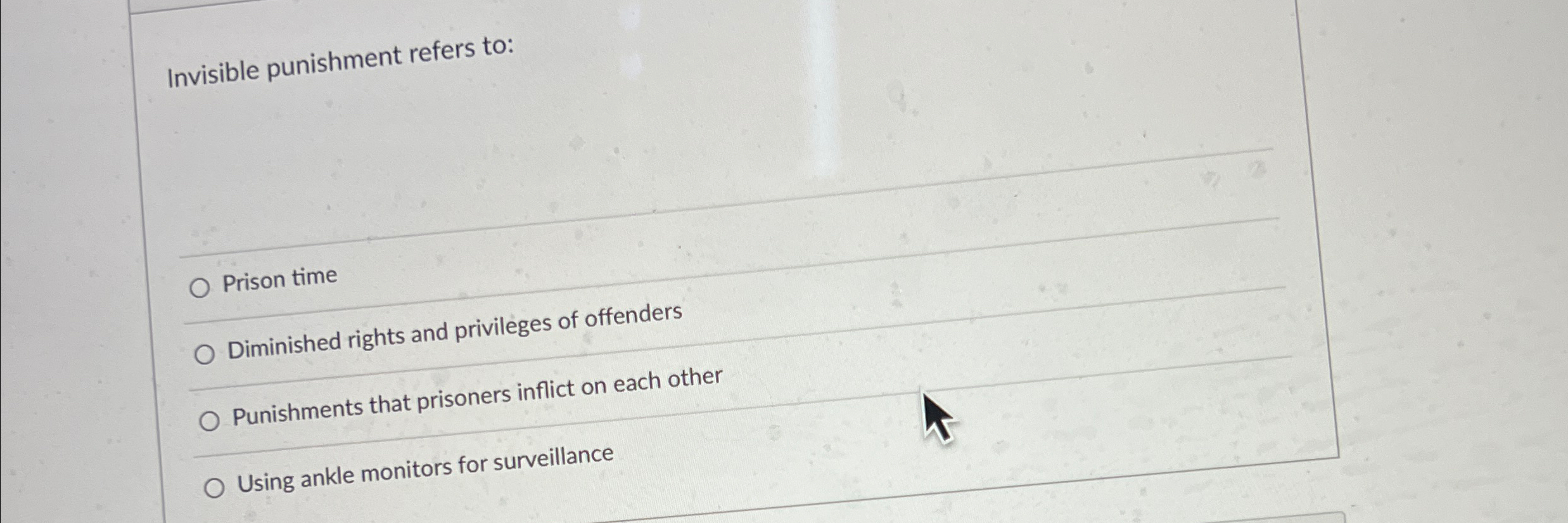 Solved Invisible punishment refers to:Prison timeDiminished | Chegg.com