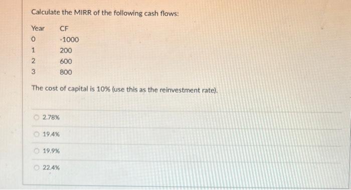Solved Calculate the MIRR of the following cash flows: The | Chegg.com