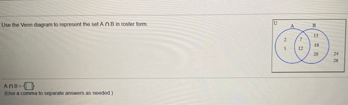 Solved Use the Venn diagram to represent the set AnB in | Chegg.com