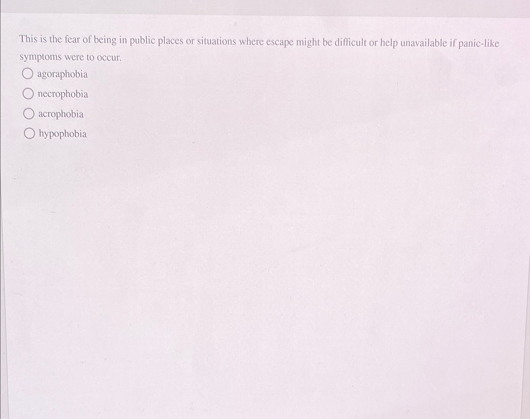 Solved This is the fear of being in public places or | Chegg.com