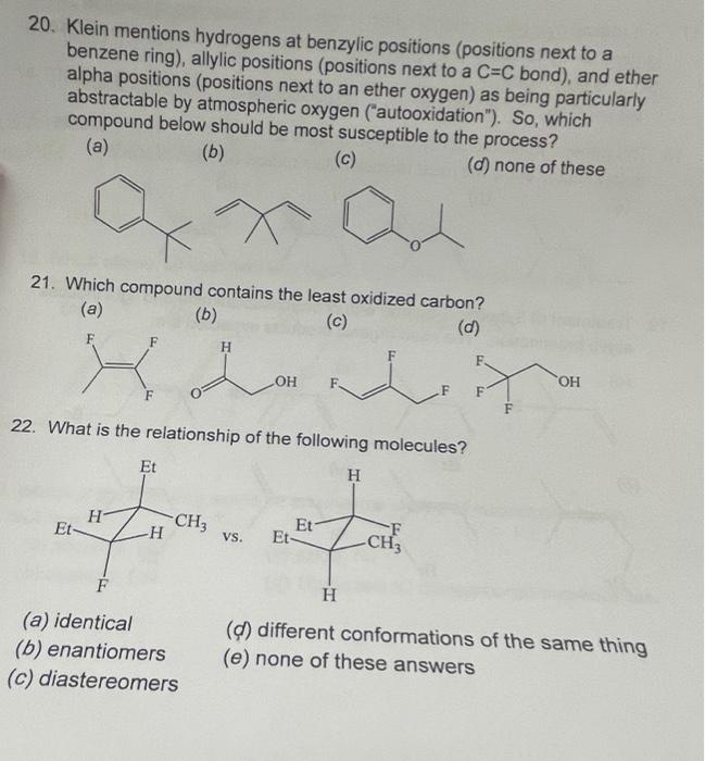 Solved 20. Klein mentions hydrogens at benzylic positions | Chegg.com