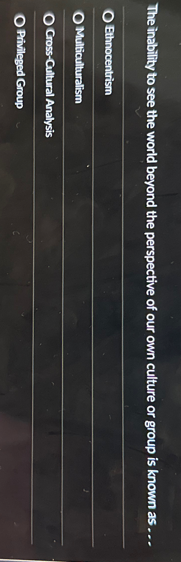 Solved The inability to see the world beyond the perspective | Chegg.com