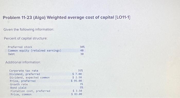 Solved Problem 11-23 (Algo) Weighted average cost of capital | Chegg.com
