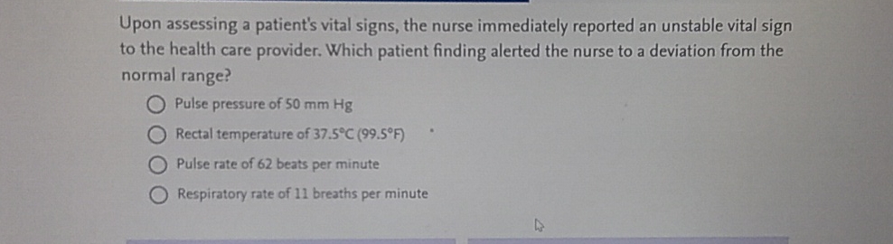 Solved Upon assessing a patient's vital signs, the nurse | Chegg.com