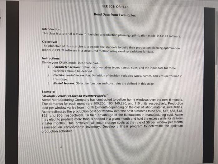 ISEE 301: OR-Lab Read Data from Excel-Cplex | Chegg.com