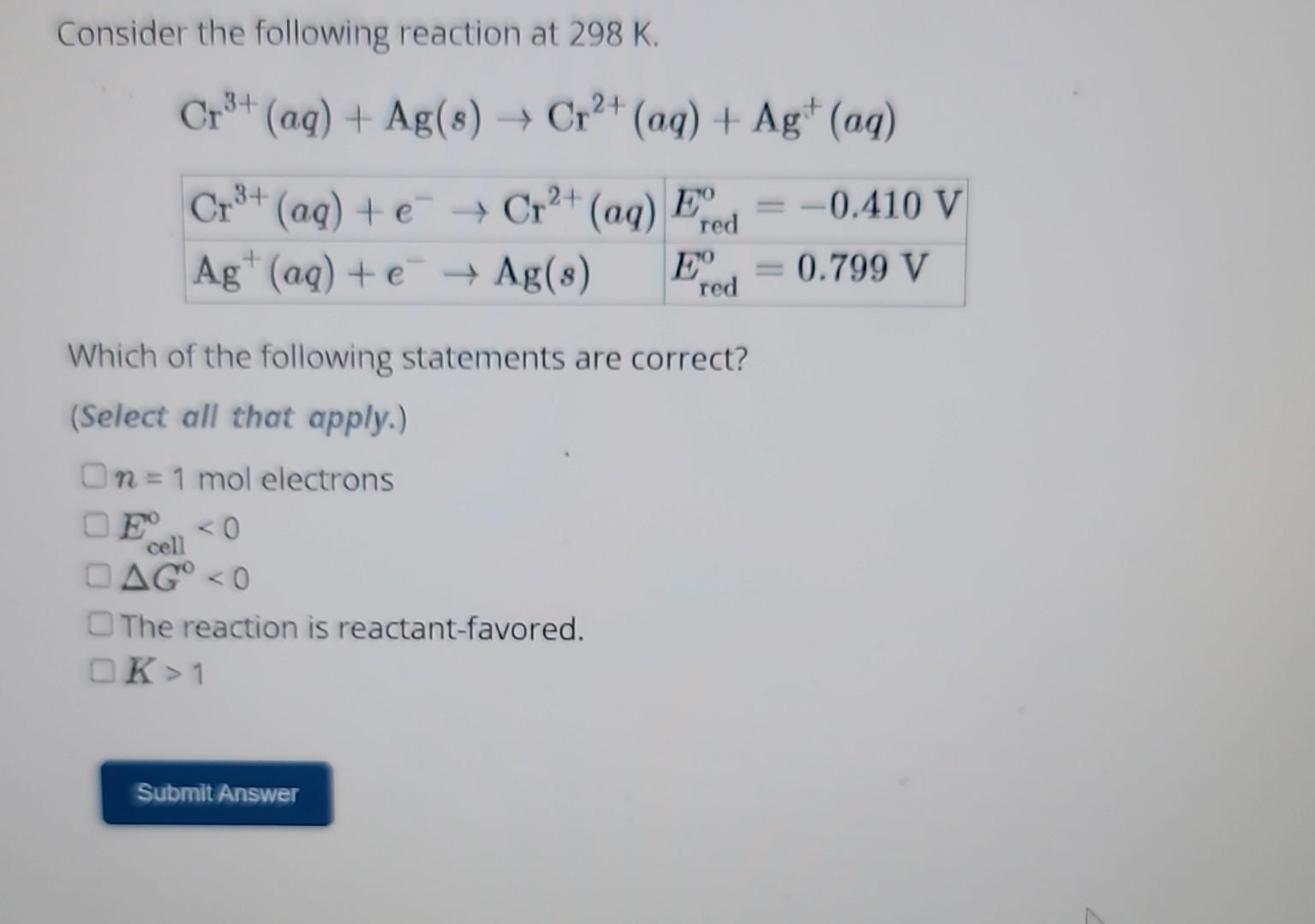 Solved Consider the following reaction at 298 K. | Chegg.com