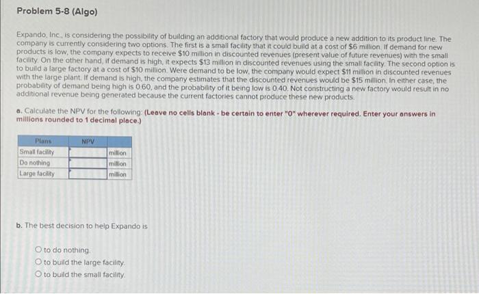 Solved Problem 5-8 (Algo) Expando Inc, is considering the | Chegg.com