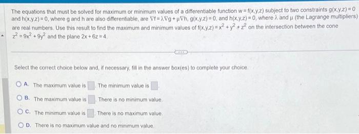 Solved The equations that must be solved for maximum or | Chegg.com