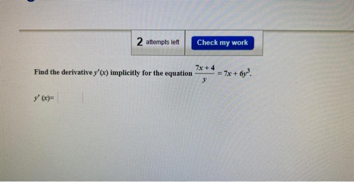 Solved Find the derivative y′(x) implicitly for the equation | Chegg.com
