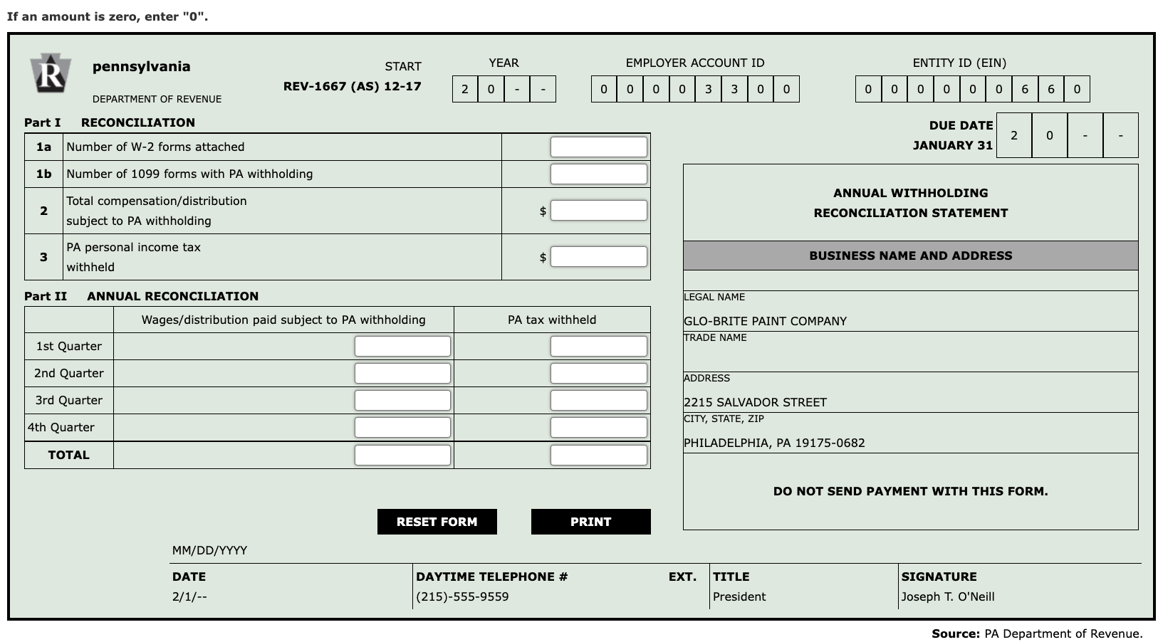 Solved Complete Pennsylvania Form Rev-1667, ﻿W-2 | Chegg.com