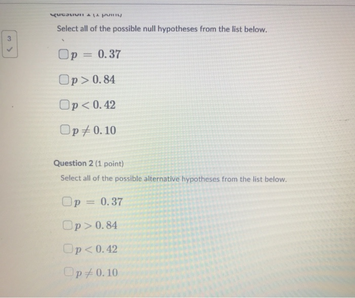 Solved LULUHUR Select all of the possible null hypotheses | Chegg.com