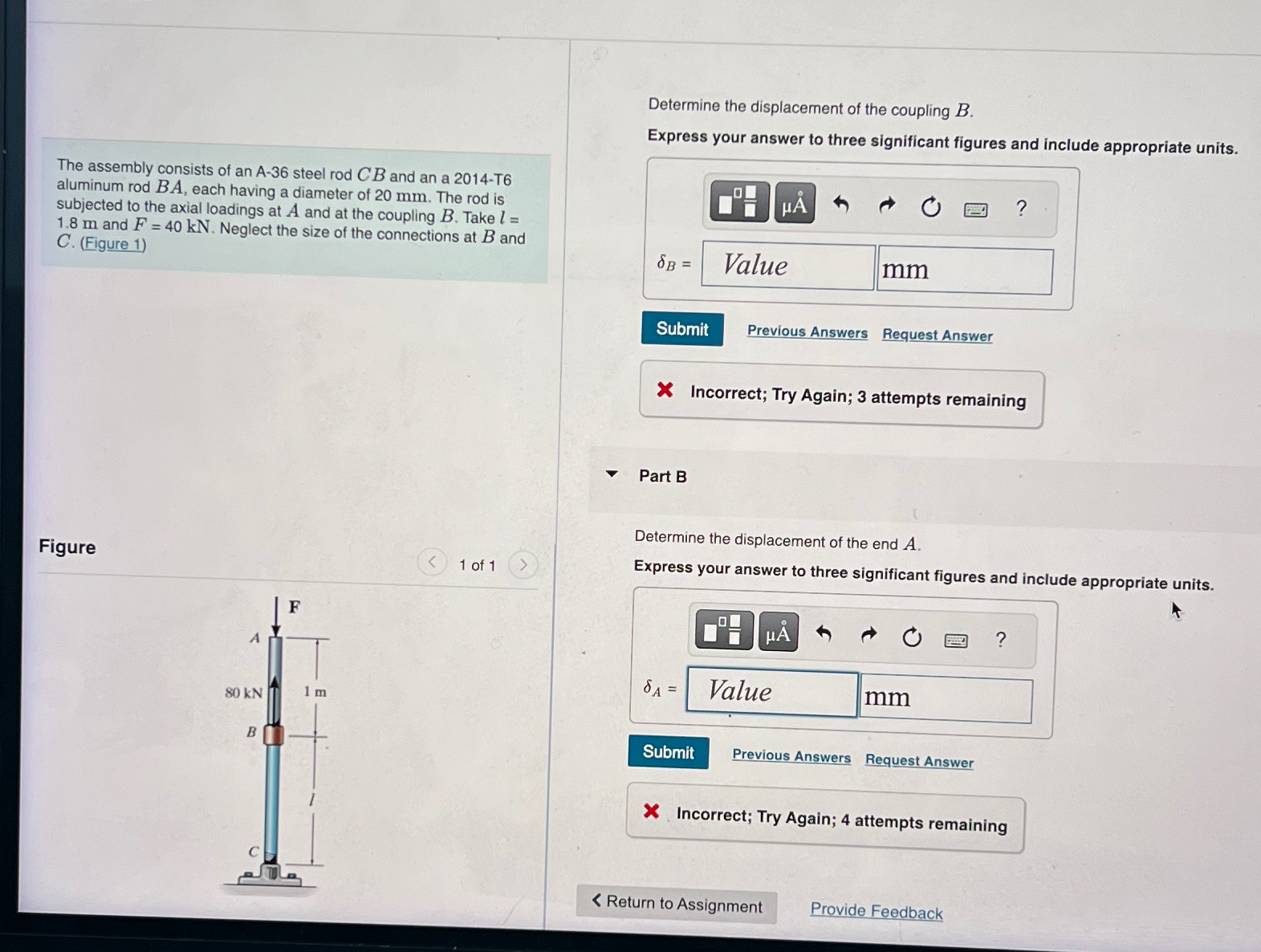 Solved The assembly consists of an A-36 ﻿steel rod CB ﻿and | Chegg.com