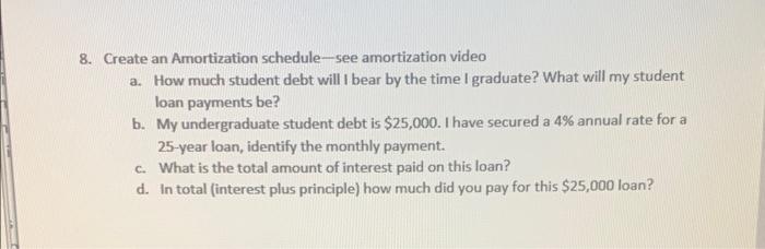 Solved 8. Create an Amortization schedule-see amortization | Chegg.com