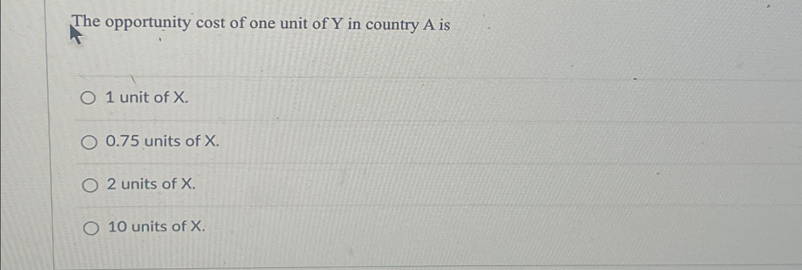 Solved The opportunity cost of one unit of Y ﻿in country A | Chegg.com
