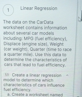 Solved Linear RegressionThe data on the CarData worksheet | Chegg.com