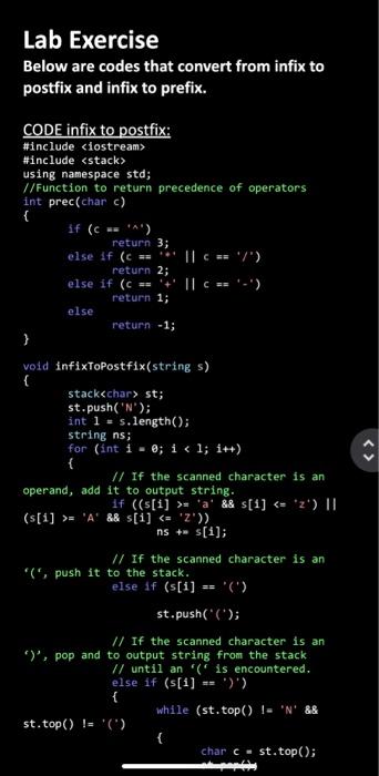 Solved Lab Exercise Below are codes that convert from infix | Chegg.com