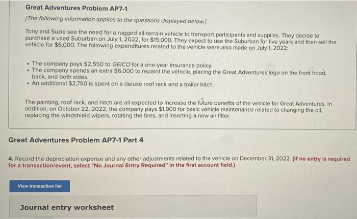 Solved Great Adventures Problem AP7-1 [The following | Chegg.com