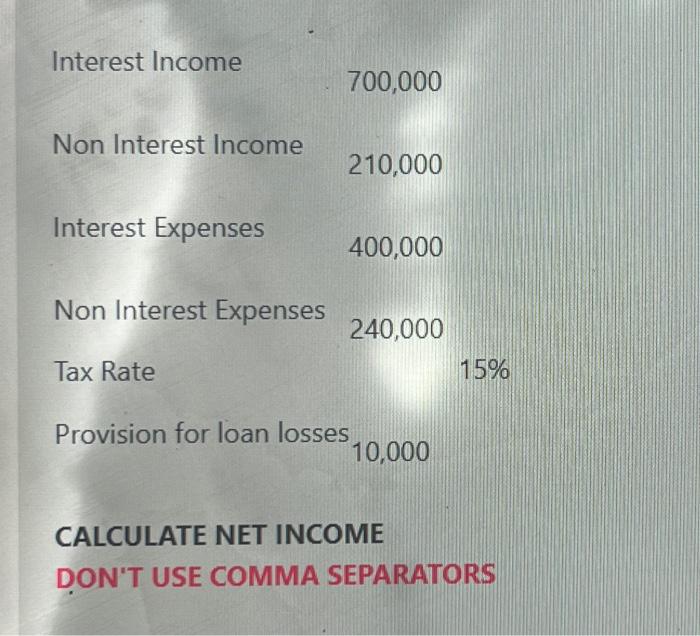 Solved Interest Income 700,000 Non Interest Income 210,000 | Chegg.com