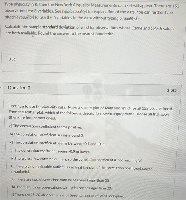 Solved Continue to use the airquality data. Make a scatter | Chegg.com