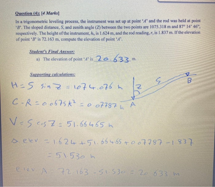 Solved Question (4): 14 Marks] In a trigonometric leveling | Chegg.com