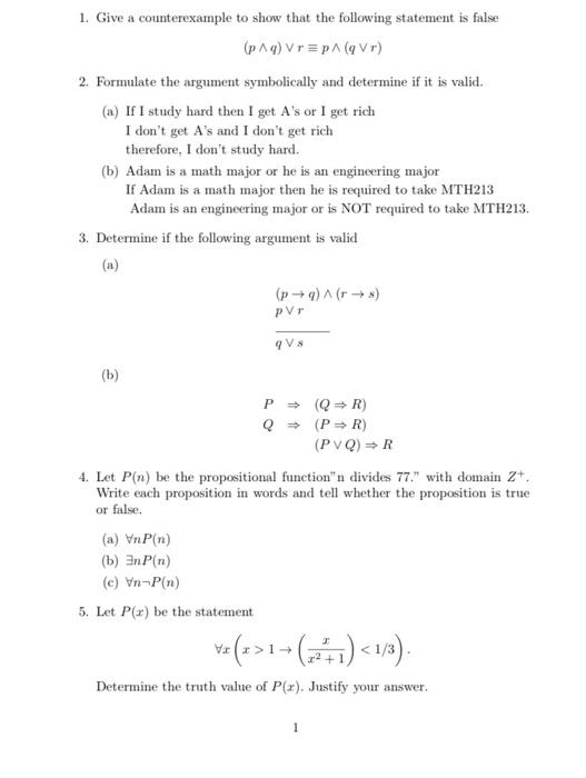 Solved 1. Give a counterexample to show that the following | Chegg.com