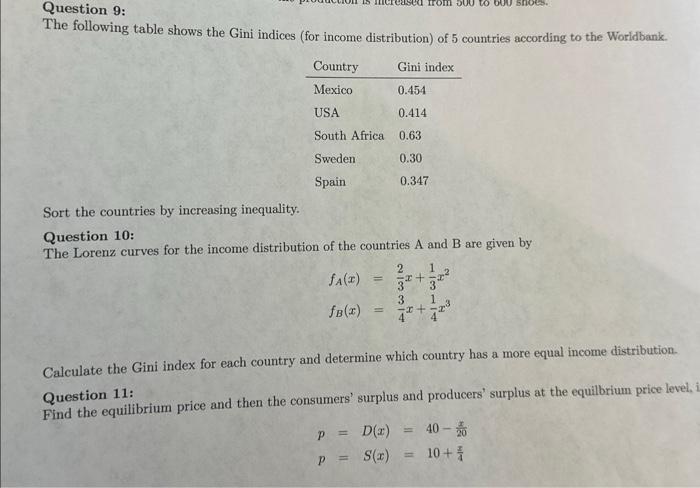 Solved Question 9: The following table shows the Gini | Chegg.com