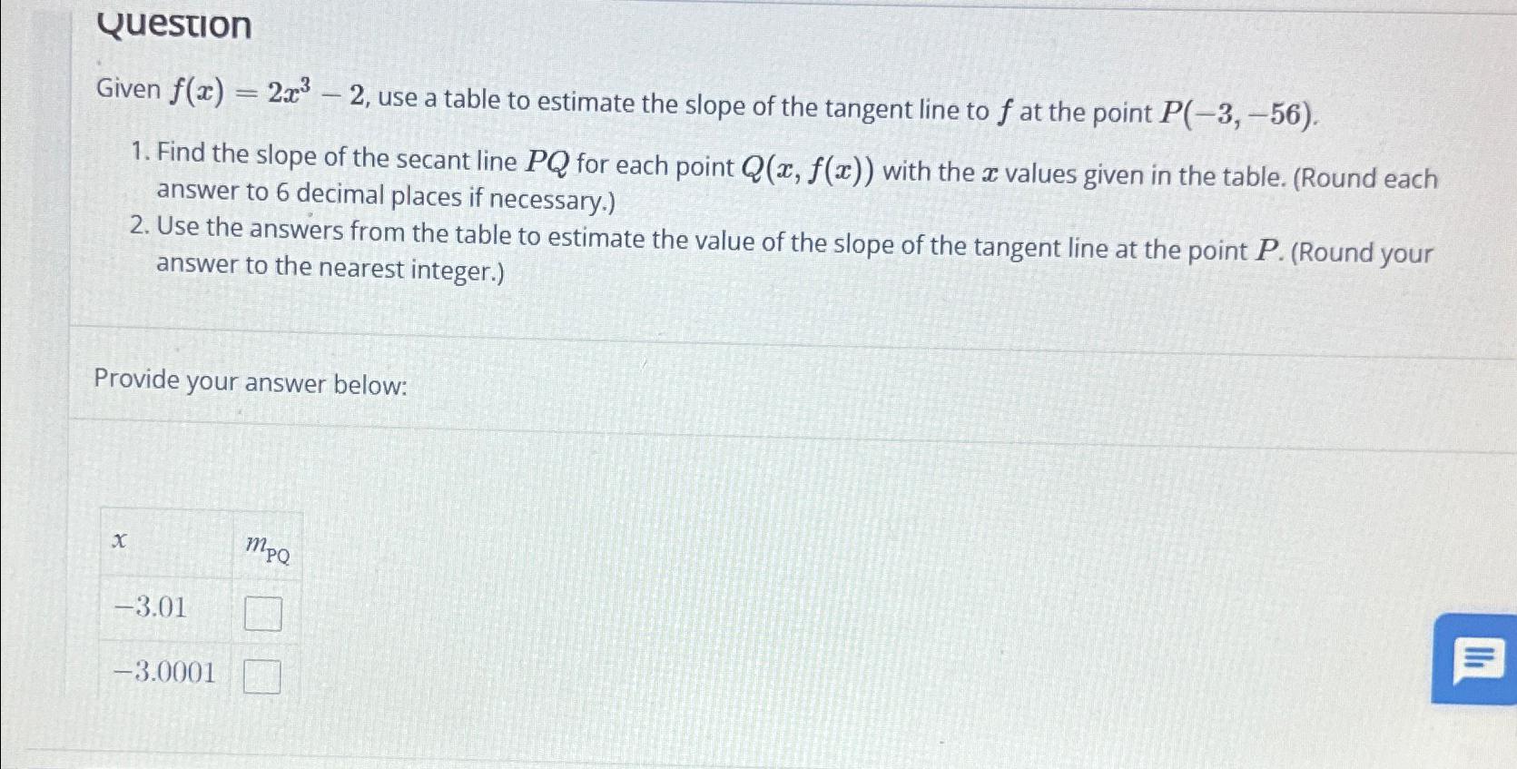 Solved QuestionGiven f(x)=2x3-2, ﻿use a table to estimate | Chegg.com