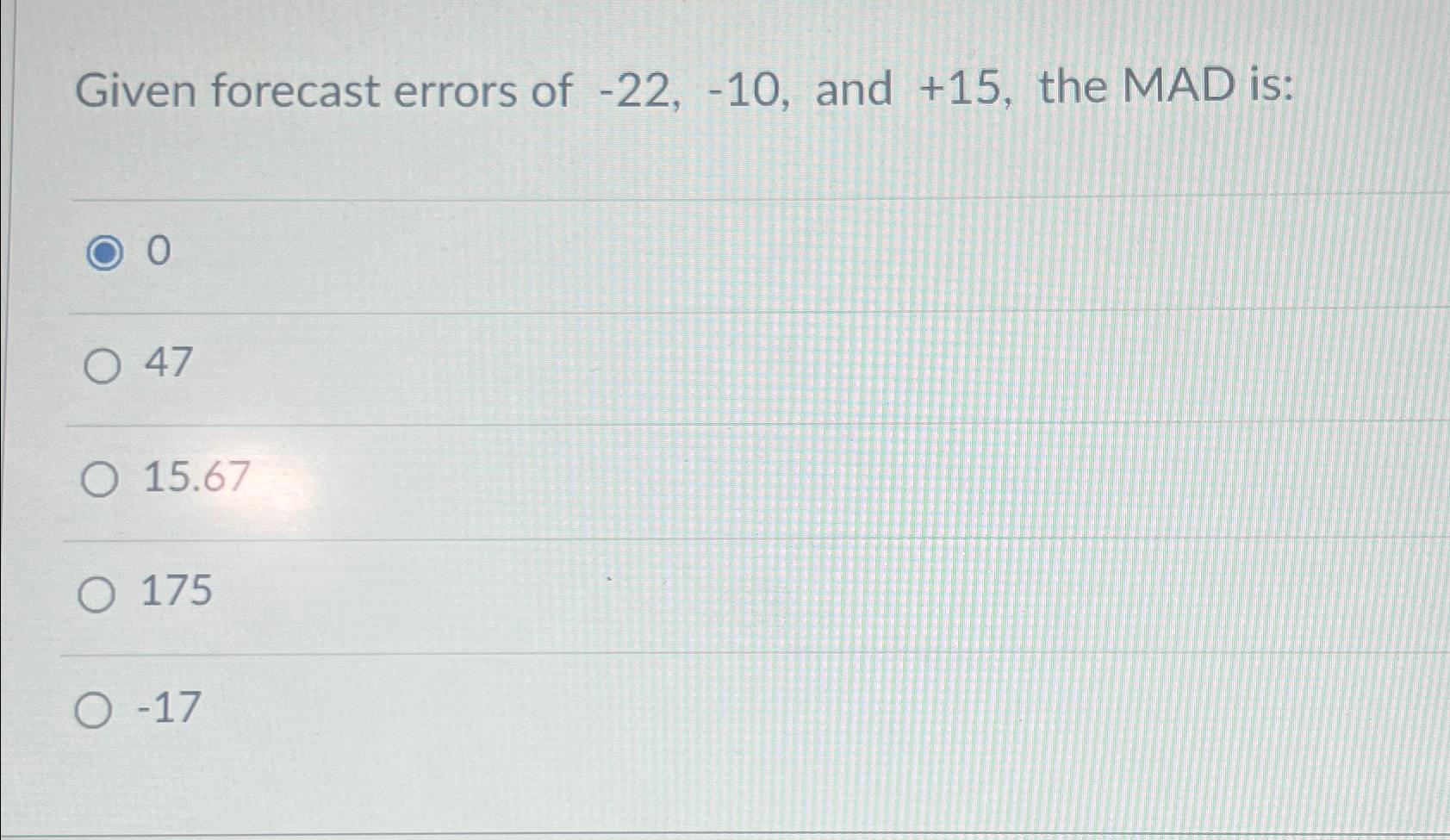 Solved Given forecast errors of -22,-10, ﻿and +15 , ﻿the MAD | Chegg.com