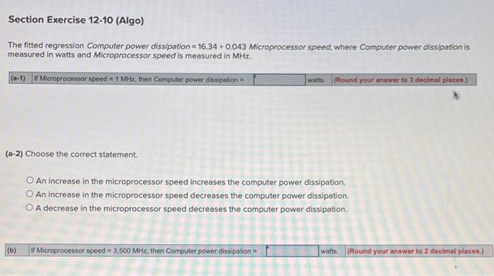 Solved Section Exercise 12-10 (Algo) The fitted regression | Chegg.com