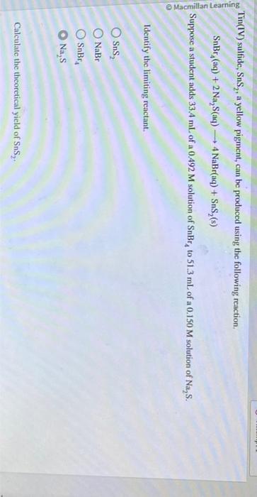 Solved Tin(IV) sulfide, SnS2, a yellow pigment, can be | Chegg.com