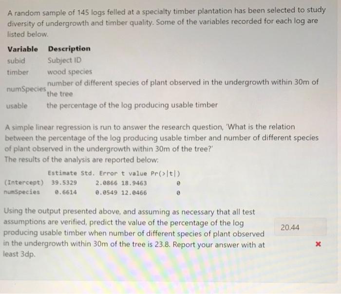 Solved A random sample of 145 logs felled at a specialty | Chegg.com