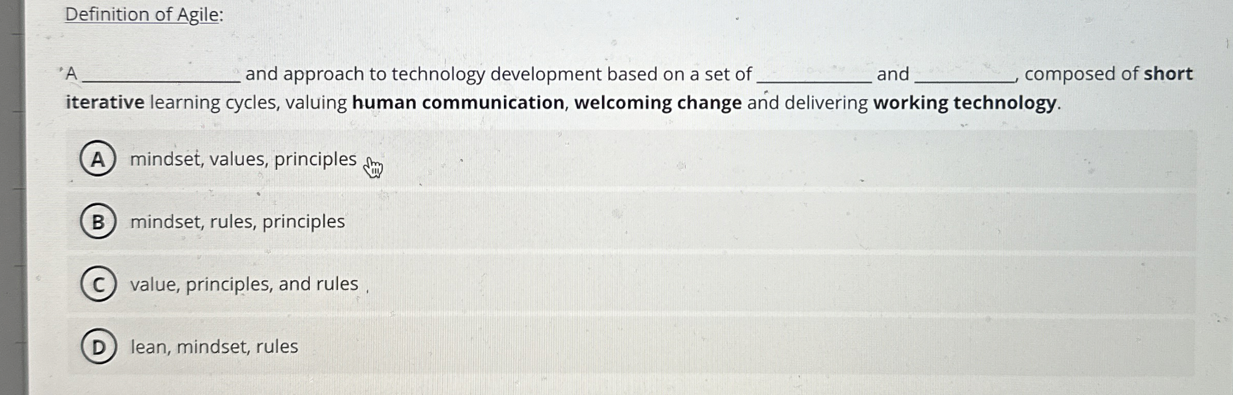Solved Definition of Agile:'A. ﻿and approach to technology | Chegg.com